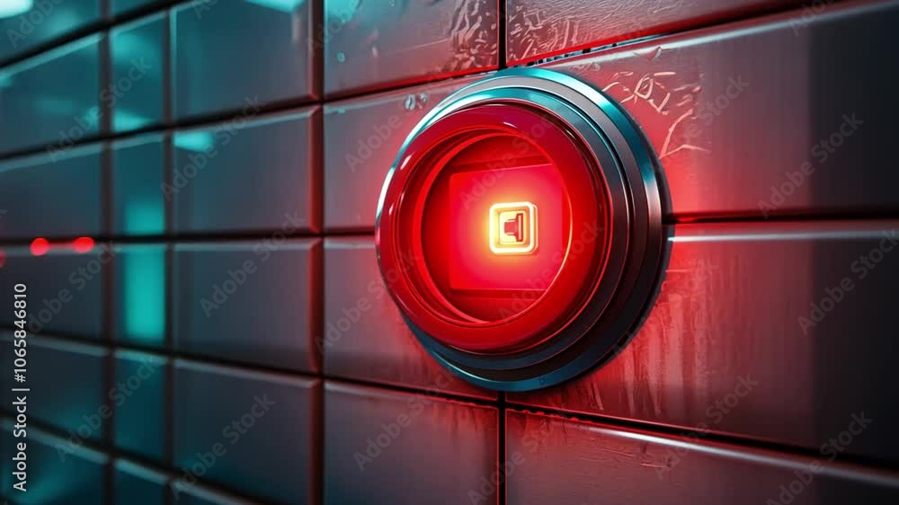 The bright red emergency button stands out on the tiled wall of an ...