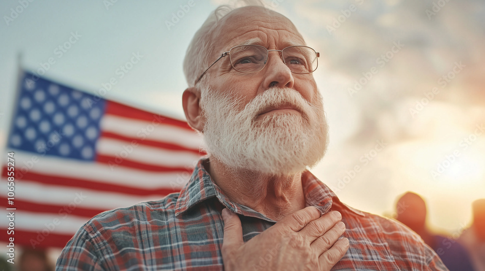 Elderly veteran proudly placing his hand on his heart during the ...