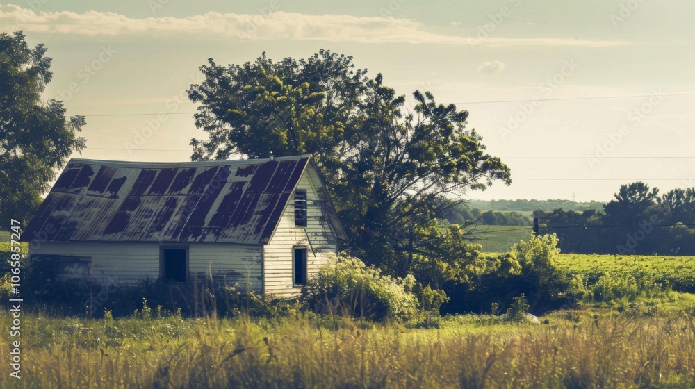 An old, rusty house stands desolate in the middle of a vast field ...