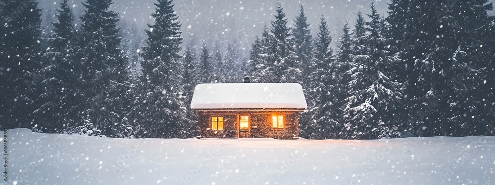 Lonely cabin in the middle of a snowstorm, warm light from the windows ...