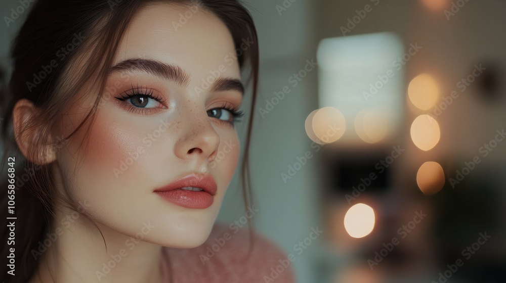 Beauty vlogger making a video tutorial on makeup in living room Stock ...