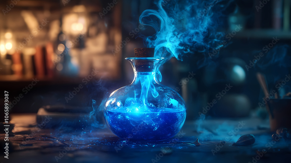 Forced perspective mystical elixir in glowing potion with enigmatic ...