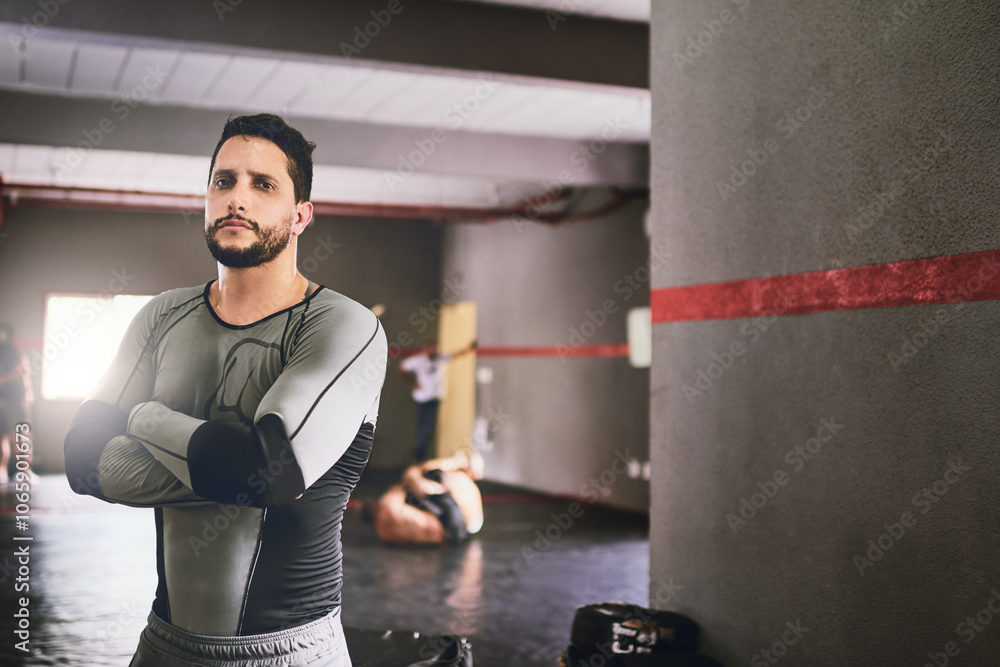 Mma, confidence and portrait of man in gym with pride, power or fitness ...