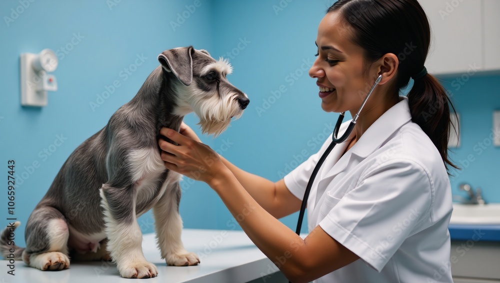 Female African-American vet with stethoscope inspecting large Schnauzer ...