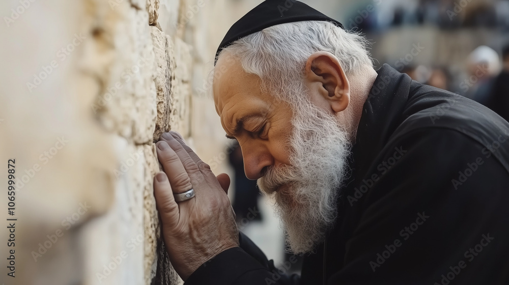 Elderly jewish rabbi praying at the western wall in jerusalem with a ...
