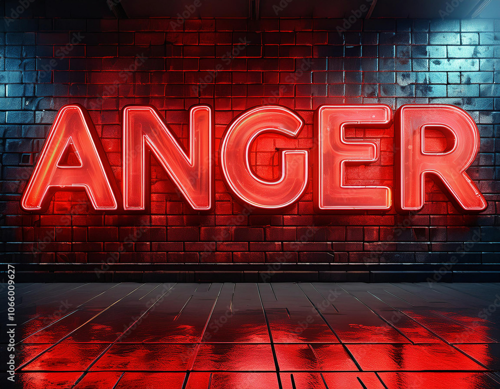 3d render of red neon letters ANGER hanging on the brick wall on the ...