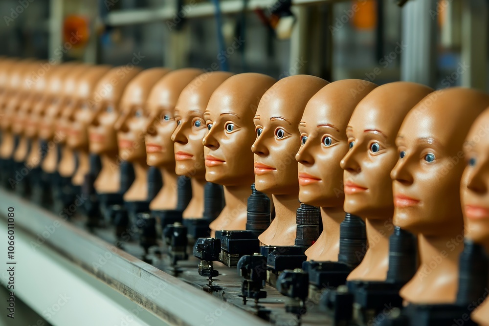 Factory conveyor belt producing identical human faces with forced ...