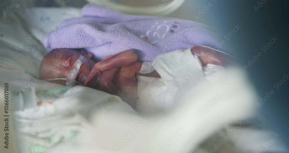 Fragile newborn lies peacefully in a modern neonatal care unit ...
