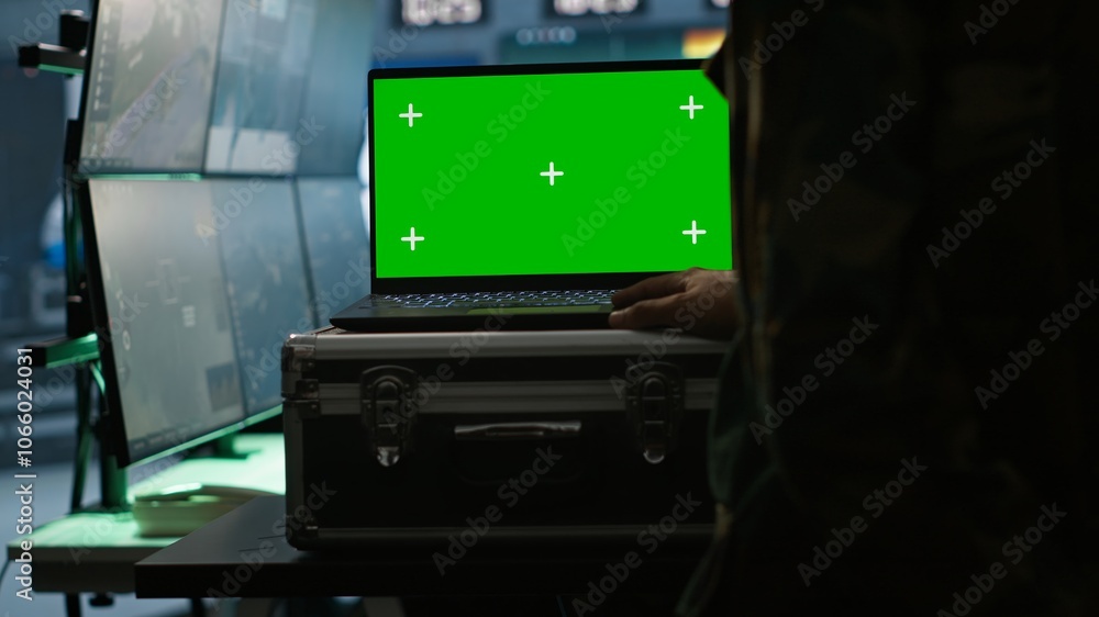 Army specialist working in war room operating surveillance tech ...