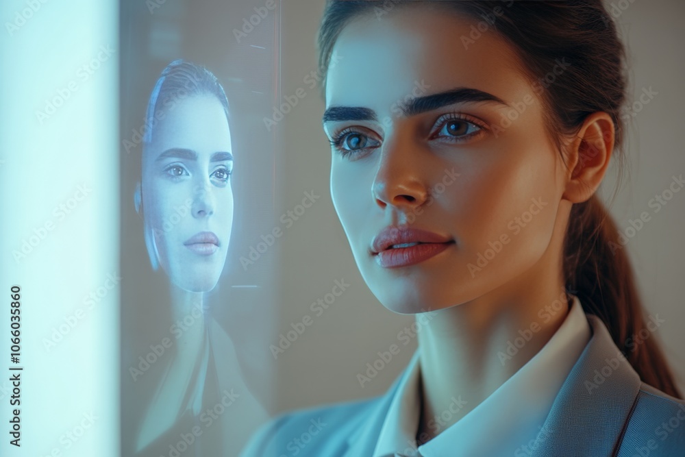 Businesswoman in a suit is observing her holographic face projected on ...