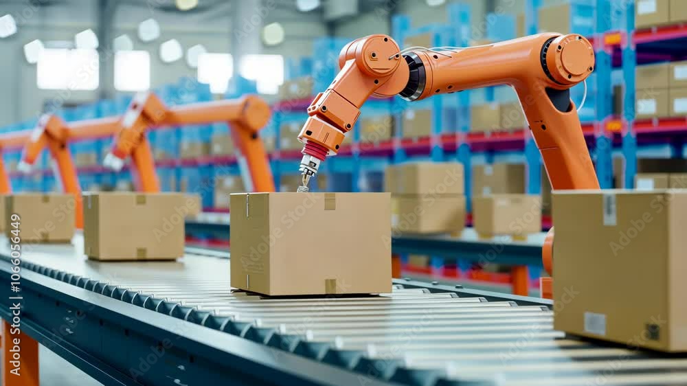 Automated Robotic Arm on Conveyor Belt in Modern Warehouse Sorting and ...