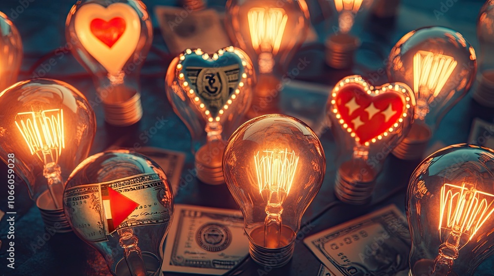 Unique light bulbs with wicks in the shapes of money, flags, hearts ...