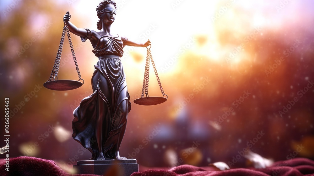Lady Justice statue with scales of justice against a sunset background ...
