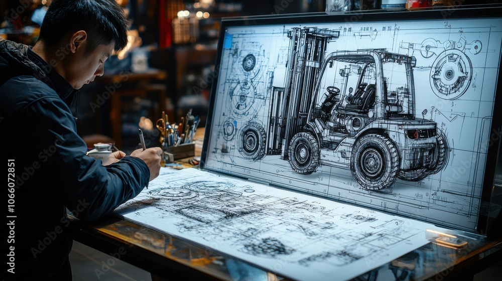 An artist sits at a desk in a workshop, drawing a detailed sketch of a ...