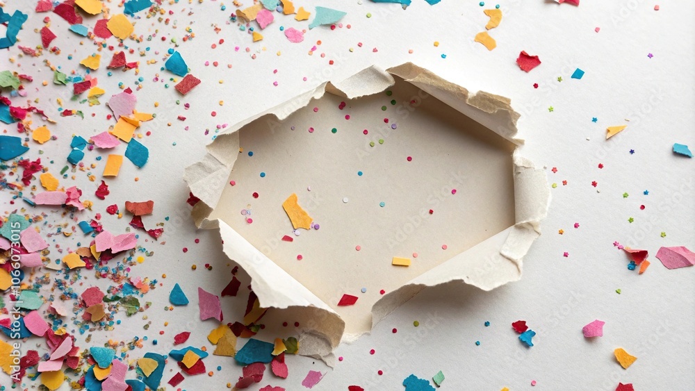 A torn paper with a ragged hole, exposed edges of the ripped area, and ...