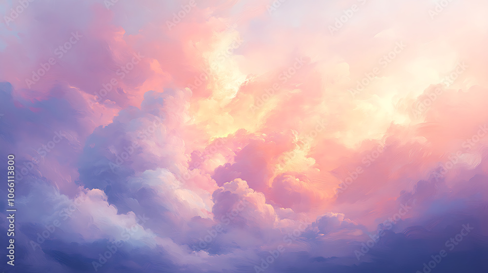 ethereal cloudscape with soft billowing pastel clouds in shades of pink lavender and peach ...