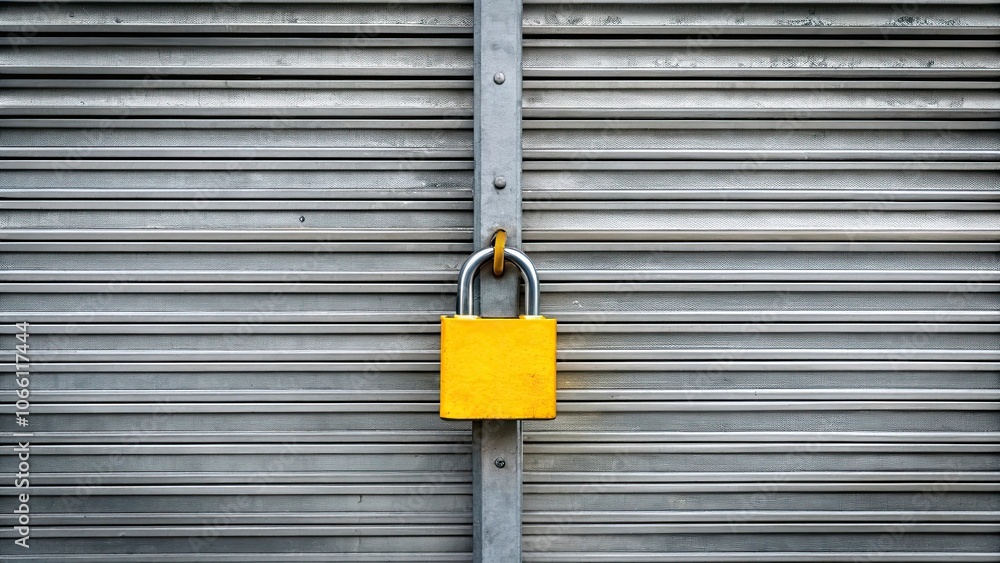 Yellow lock hanging on a gray paint grunge garage door , security ...