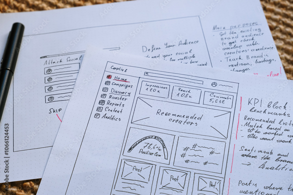 close-up of sketched wireframes on dotted paper shows the initial ...