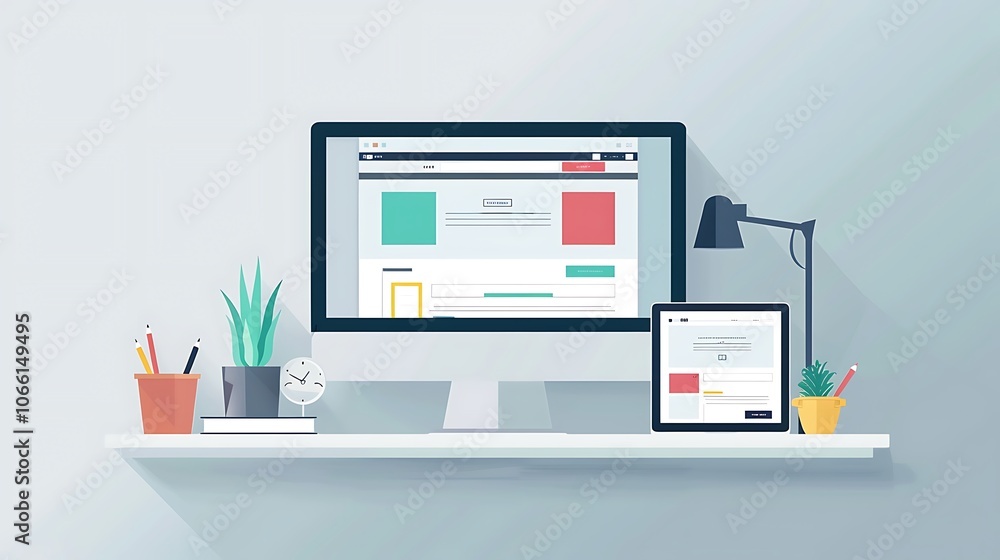 Minimalist illustration of a desktop workspace with a computer screen ...