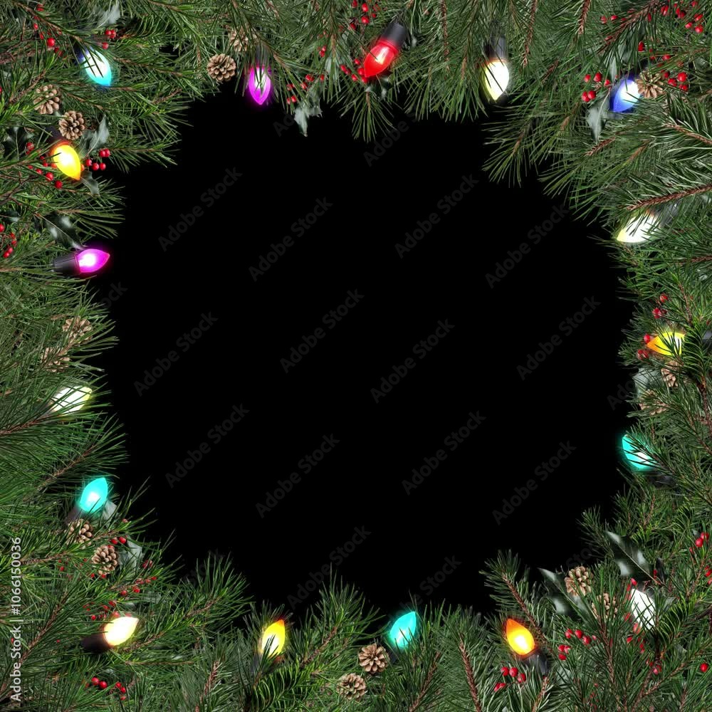 Animated Christmas card square blinking lights overlay wreath border ...