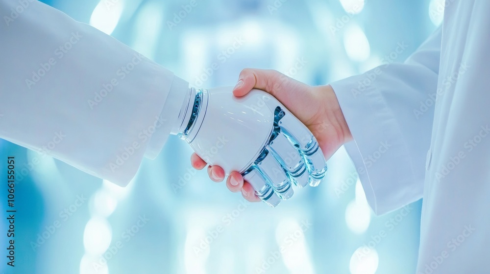 Robot and doctor handshake in clinic cyberpunk futuristic white ...