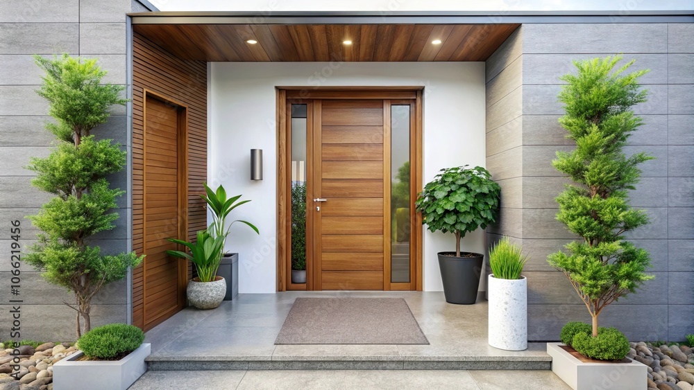 Welcoming entrance of a modern house with a wooden door and potted ...