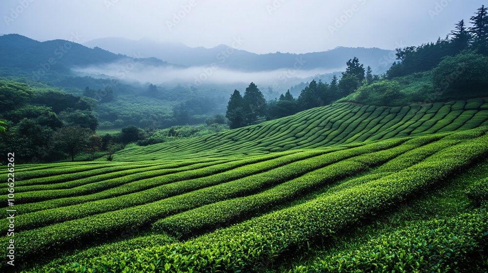 43.A tranquil view of endless tea plantations in the early morning, the ...