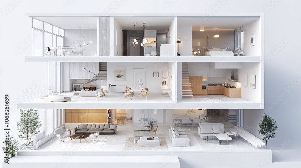 2410_054.modern residential cross section, white interior architecture ...