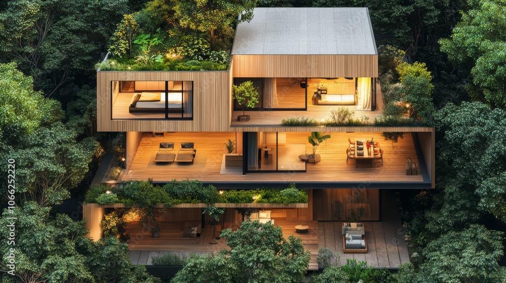 2410_026.aerial view of modern wooden house model, open floor plan ...