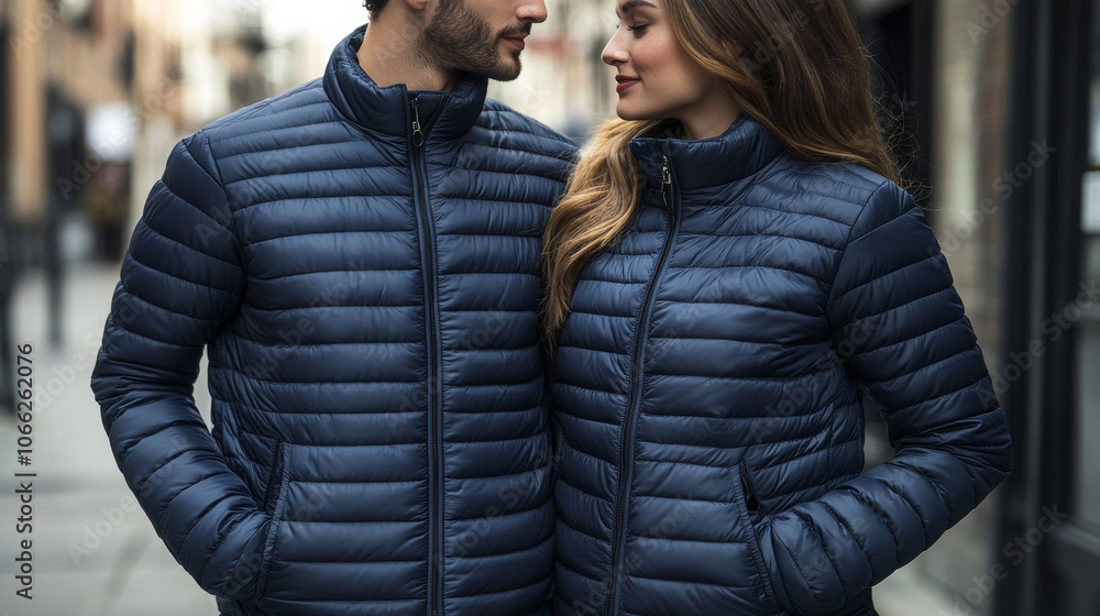 Caucasian man and woman wearing matching navy blue puffer jackets for ...