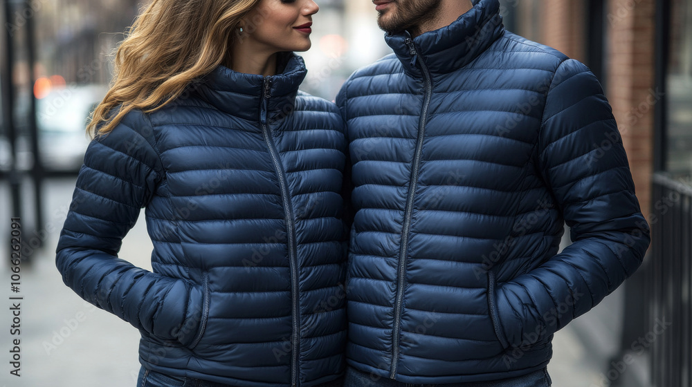 Caucasian man and woman wearing matching navy blue puffer jackets for ...