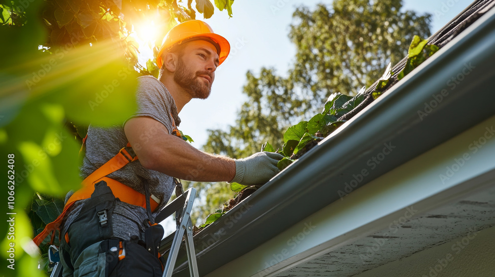 Maintenance man worker cleaning rain gutter on house roof removing ...