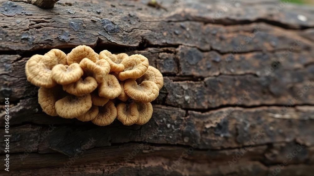 Fungal growth on a weathered log with intricate patterns, organic ...