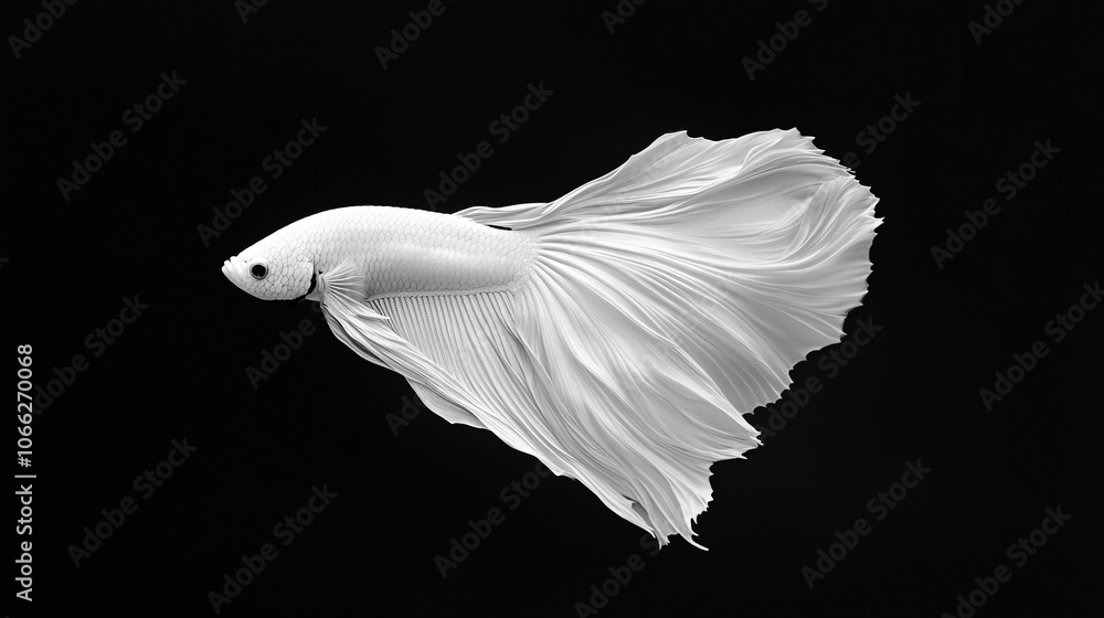 4.A white Betta fish captured in mid-swim, its fan-like fins undulating ...