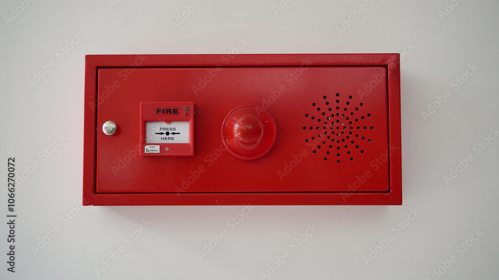 Fire alarm system box installed on wall in building. Red Fire Alarm ...