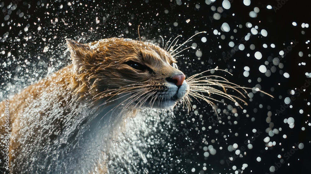 Animal shaking off water with detailed particles flying in every ...