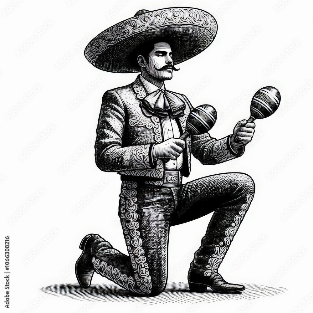 mariachi musician kneeling, playing maracas, traditional attire ...