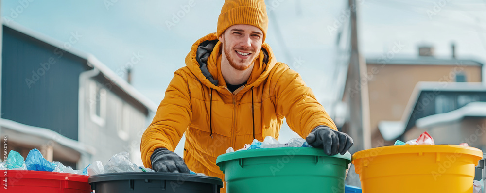 community volunteer sorting plastic waste in colorful bins, smiling ...