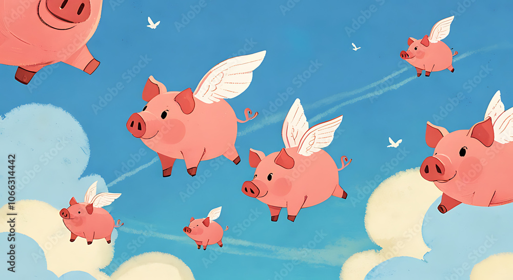 "When Pigs Fly" Illustration Showing Pigs with Tiny Wings Hovering in ...
