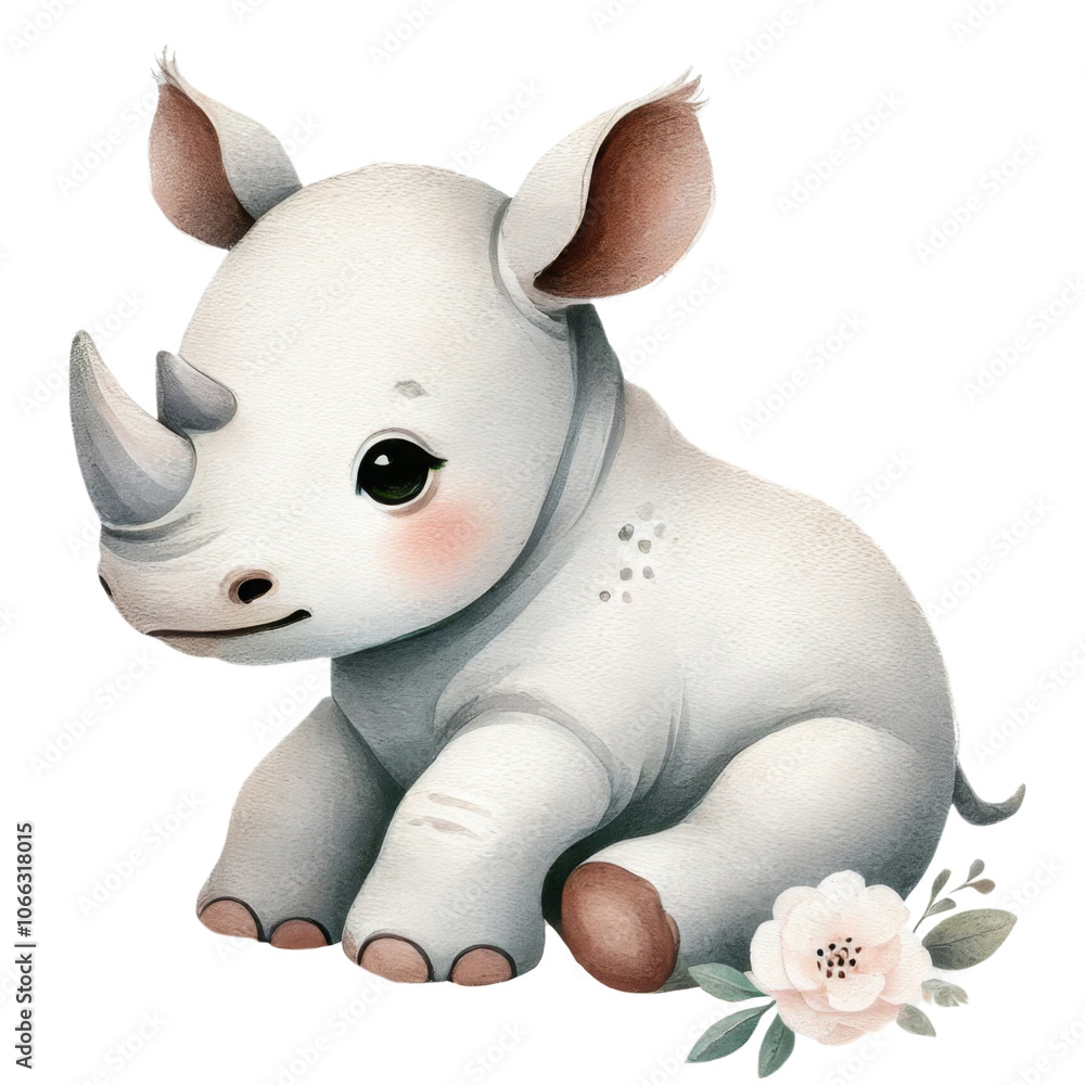 Cute baby rhino with a gentle expression, sitting with big eyes and ...