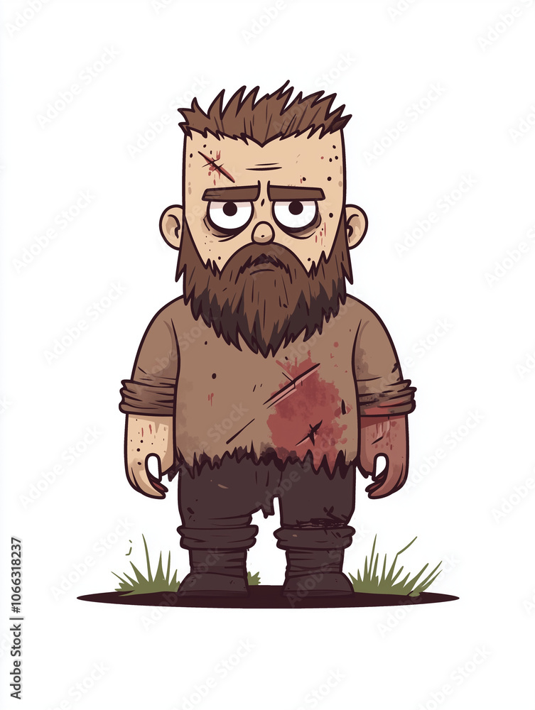 Cartoon illustration of rugged bearded man in tattered clothing with ...