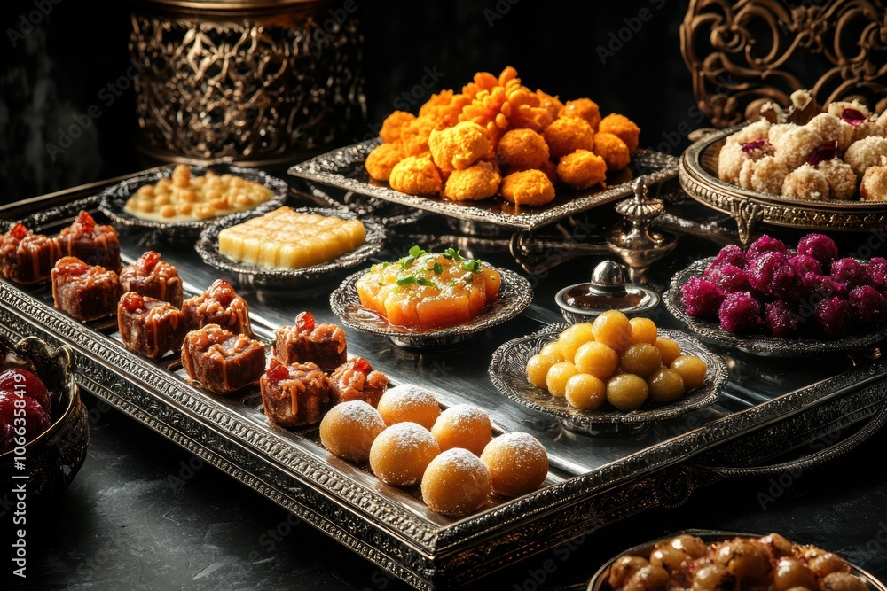 A vibrant display of traditional Indian sweets like laddoos, jalebis ...
