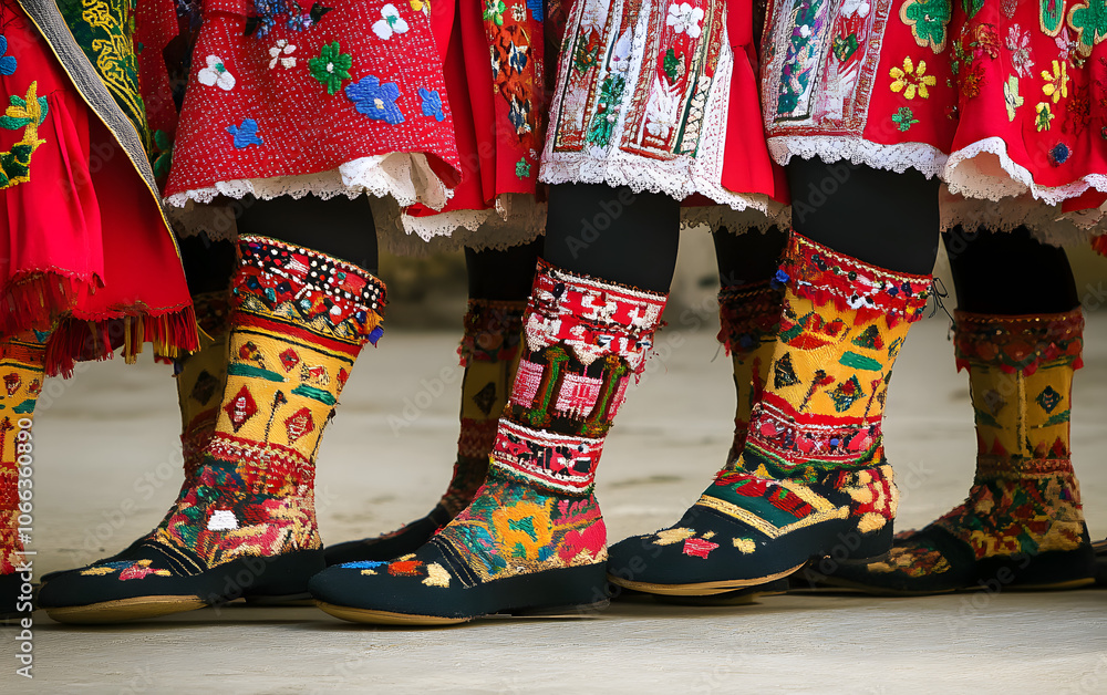 Girls dancing folk dance. People in traditional costumes dance ...