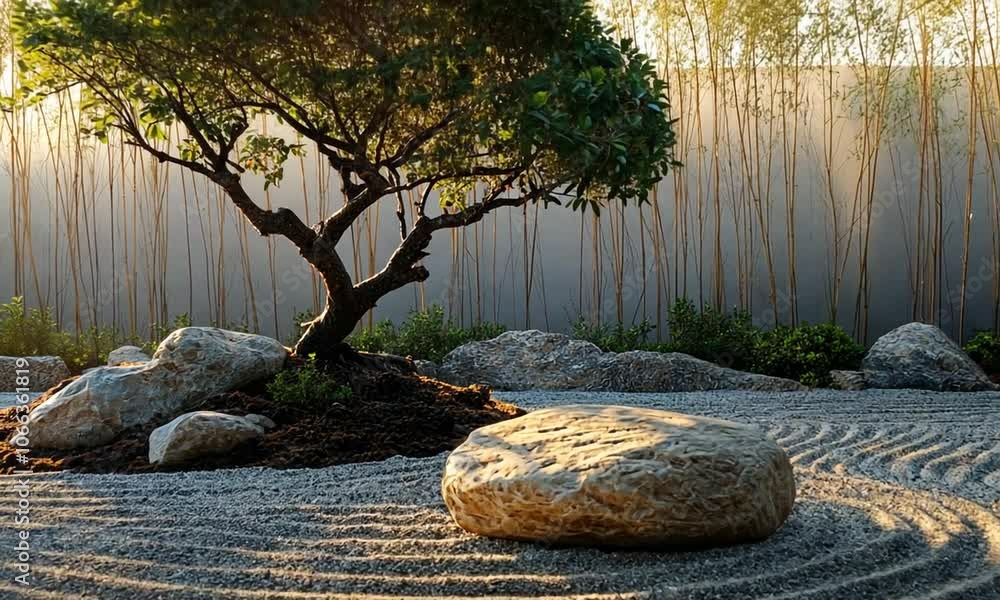 Serene zen garden with a bonsai tree and raked gravel patterns. Stock ...