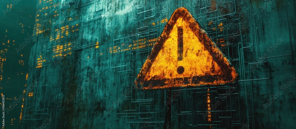 ** Futuristic Digital Warning Sign on a High-Tech Circuit Board ...