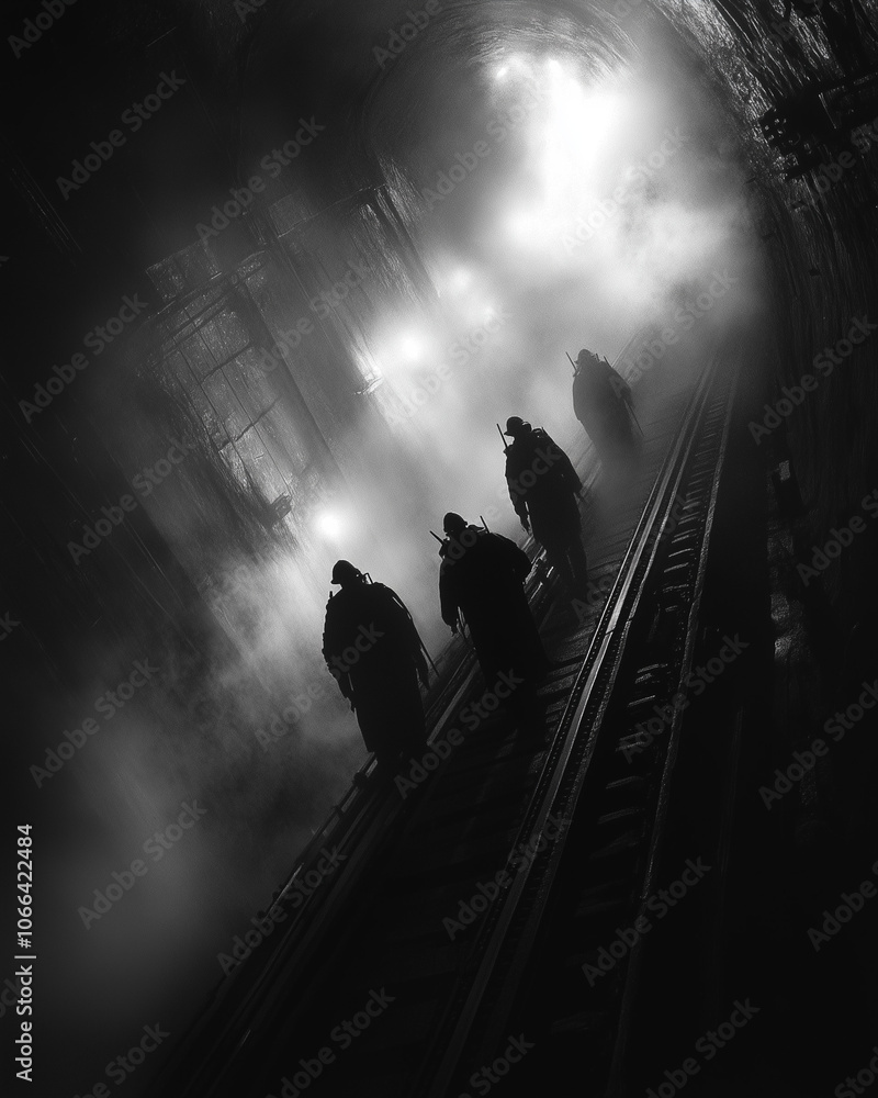 A dramatic image of miners and workers entering a coal mine ...