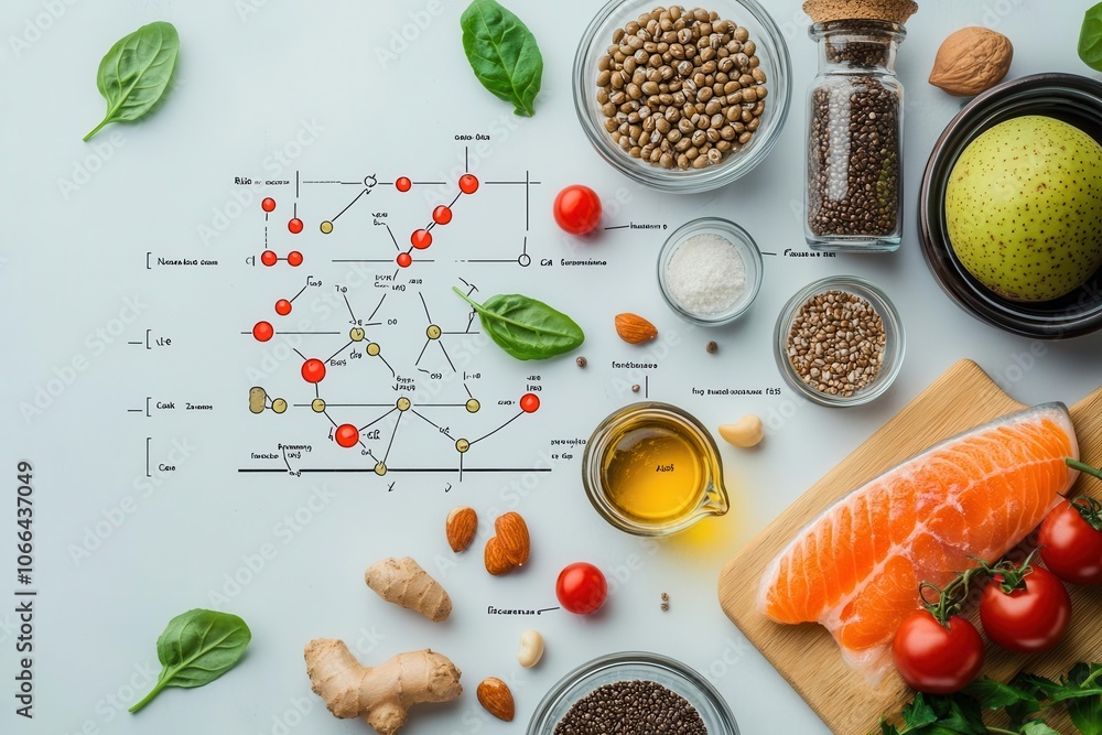 Nutritional chemical structure chart, food biochemistry, close-up ...
