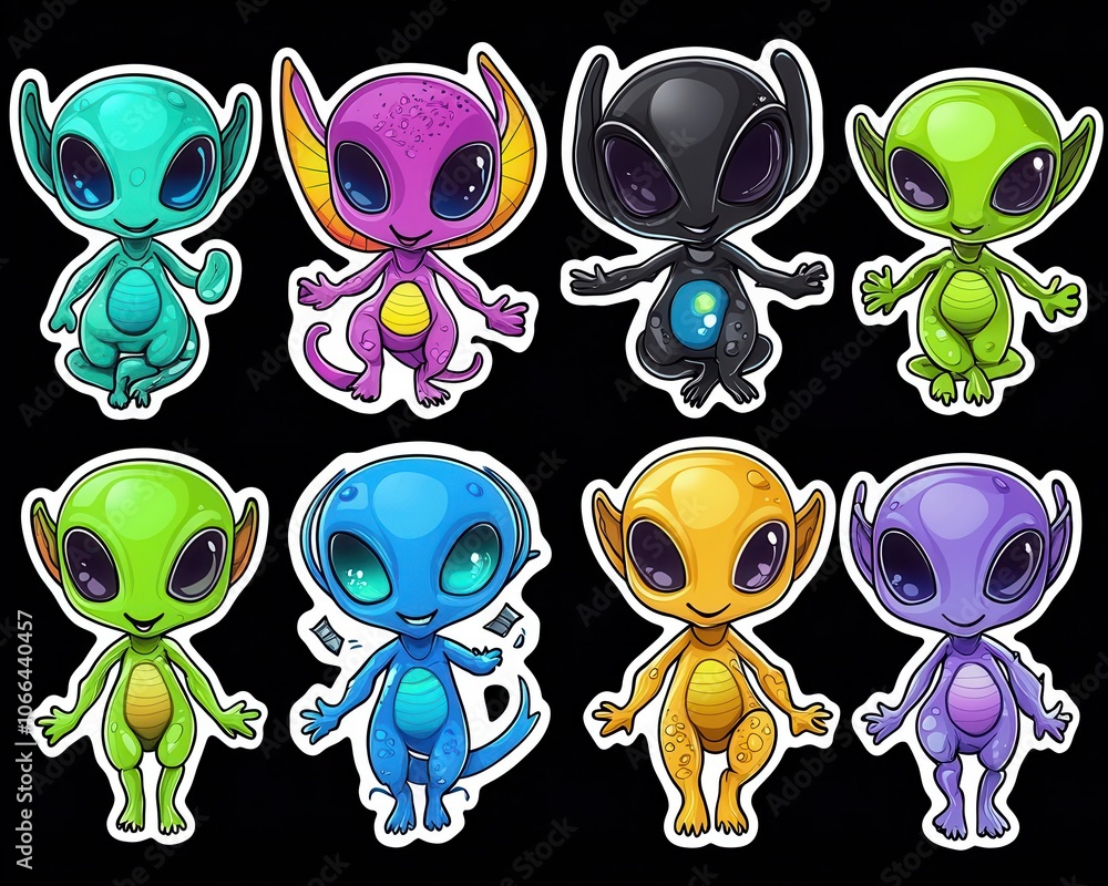 A vibrant collection of cute, colorful alien characters in various ...