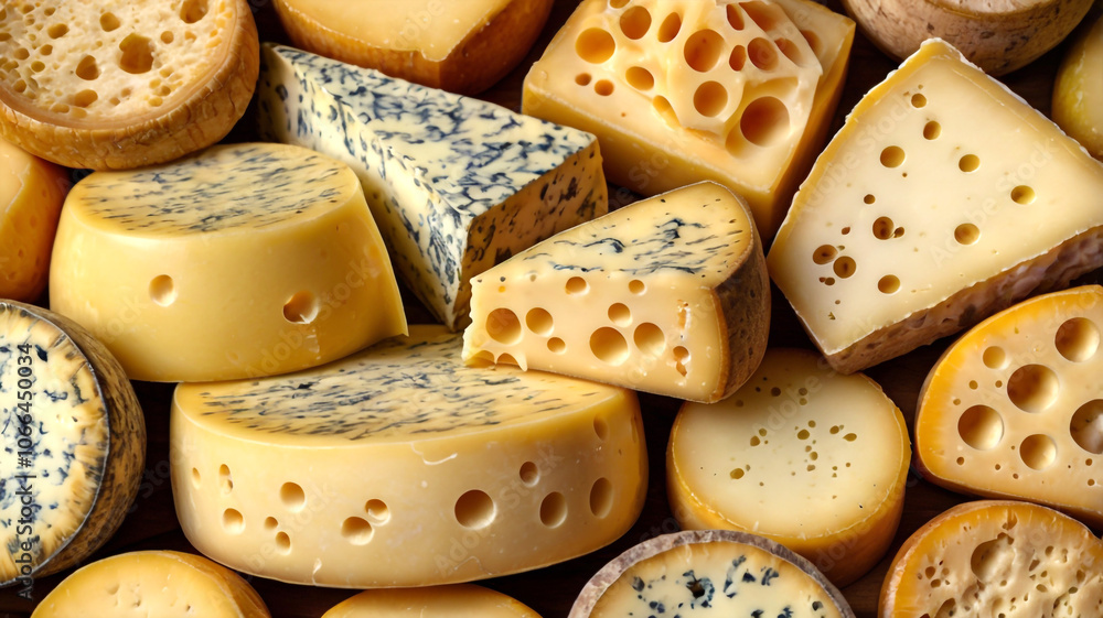 A delicious assortment of cheeses including Swiss and herb varieties ...