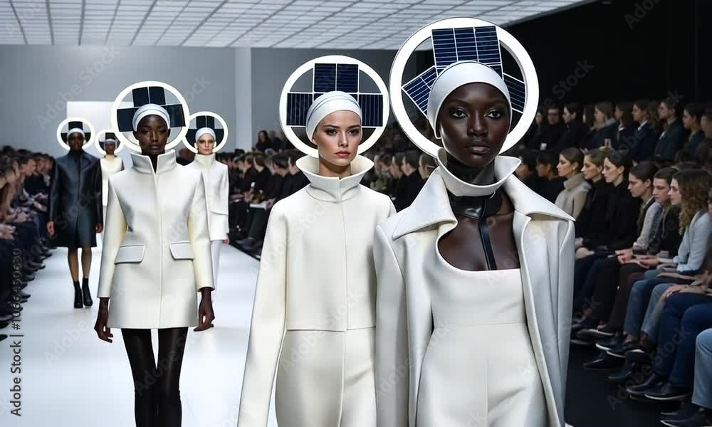 Innovative fashion show featuring models in futuristic designs with ...